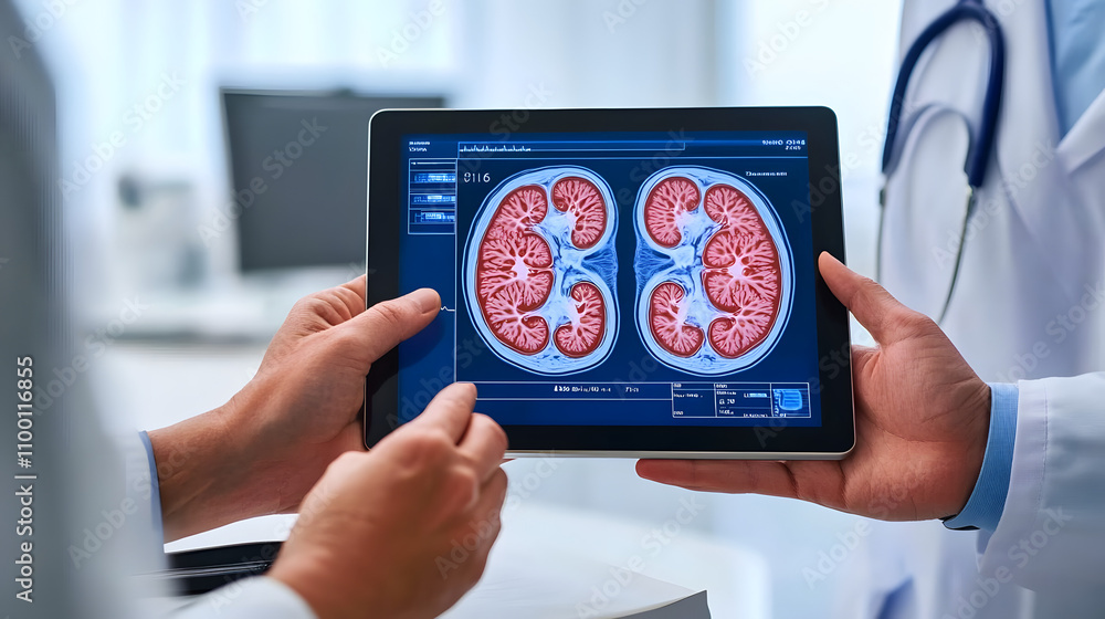 Doctor and patient discussing kidney function test results on a tablet ...