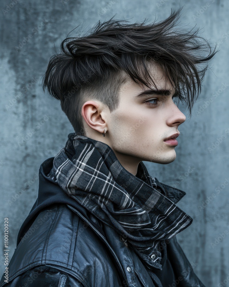 Stylish Male Model with Undercut Hairstyle, Leather Jacket and Plaid ...