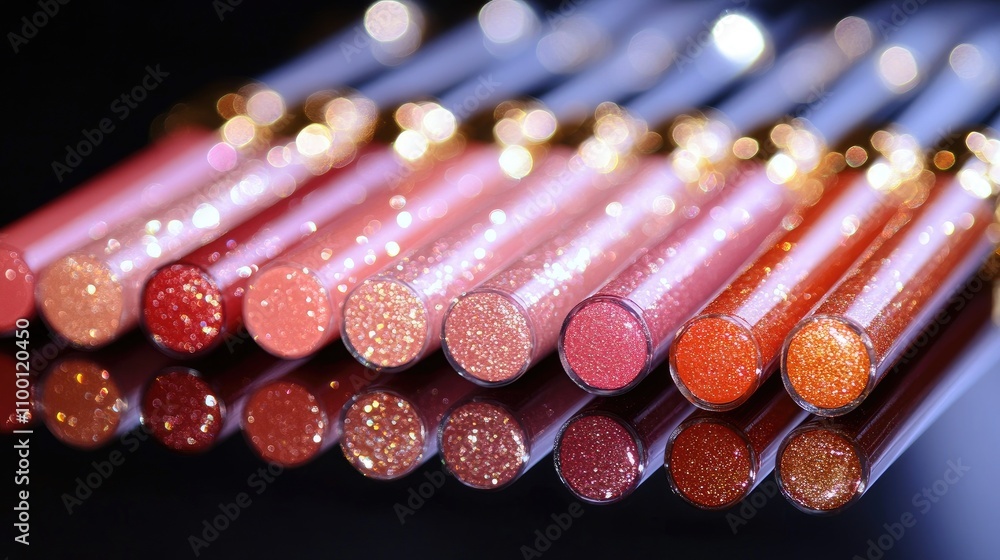 Lip gloss tubes with shimmer, lying on a reflective surface, colorful ...