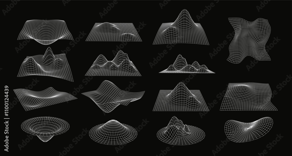 3d Wireframe Shapes Perspective Grid Waves Tech Mesh White Line Elements On Black Dimensional