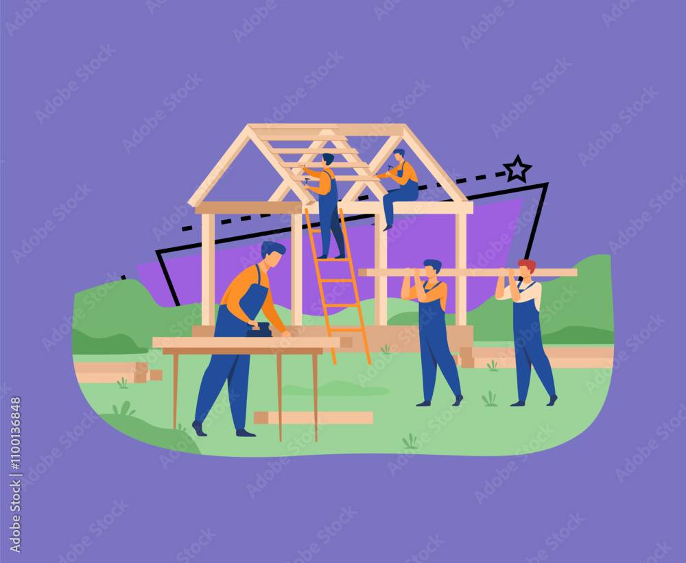 Professional carpenters team building house isolated flat vector ...