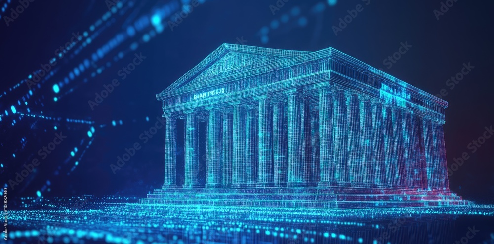 Photo Stock Low Poly Blur Bank Building with Neon Glowing Lines ...