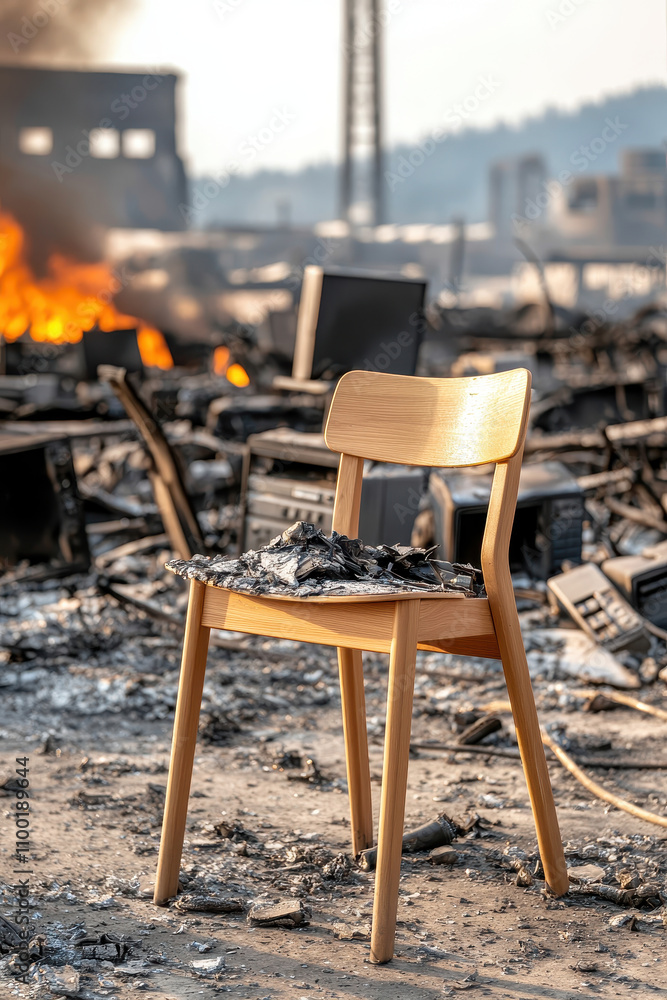 charred wooden chair sits amidst smoldering remains of factory ...