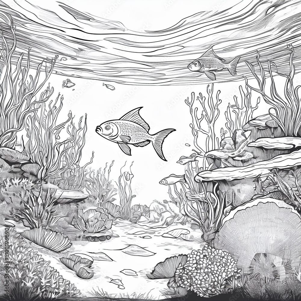 Coloring pages for kids about the underwater world Stock Photo | Adobe ...