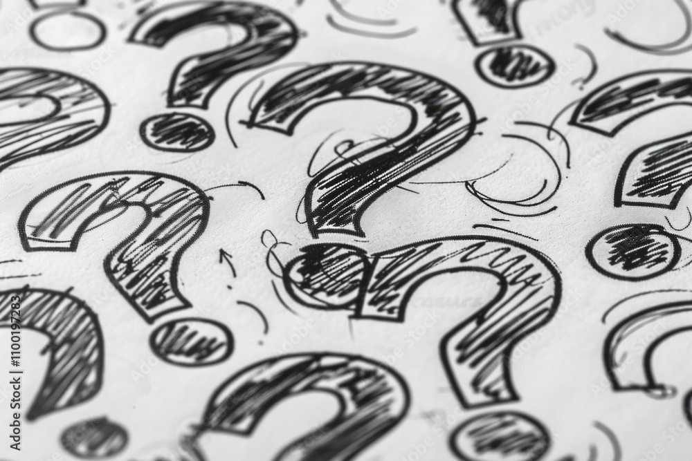 Blank sheets filled with question marks, often used as a symbol for ...