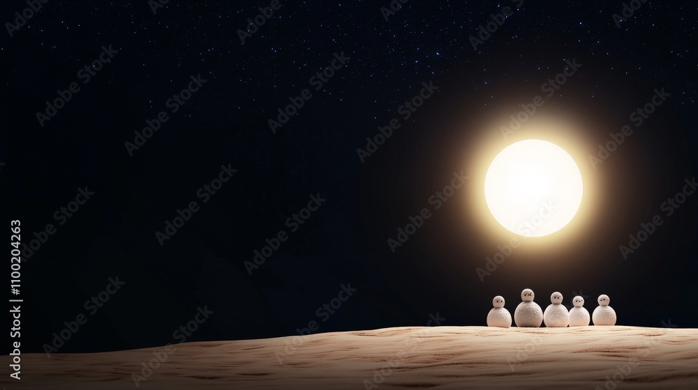 Five snowmen huddle together under a large, bright moon at night. Stock ...