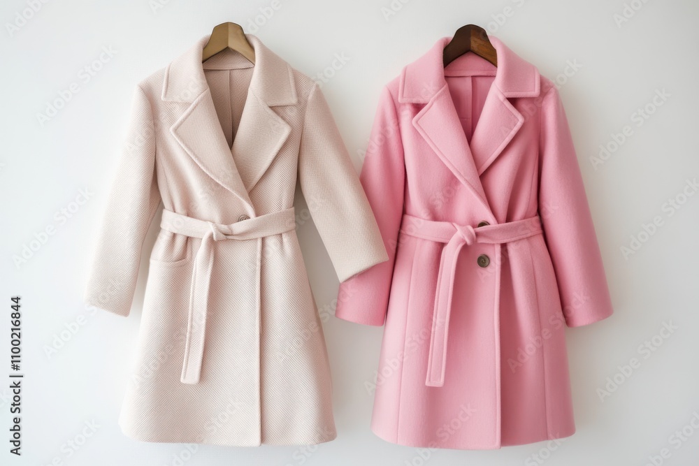 Pair of soft pink and light beige belted women's coats with tailored ...