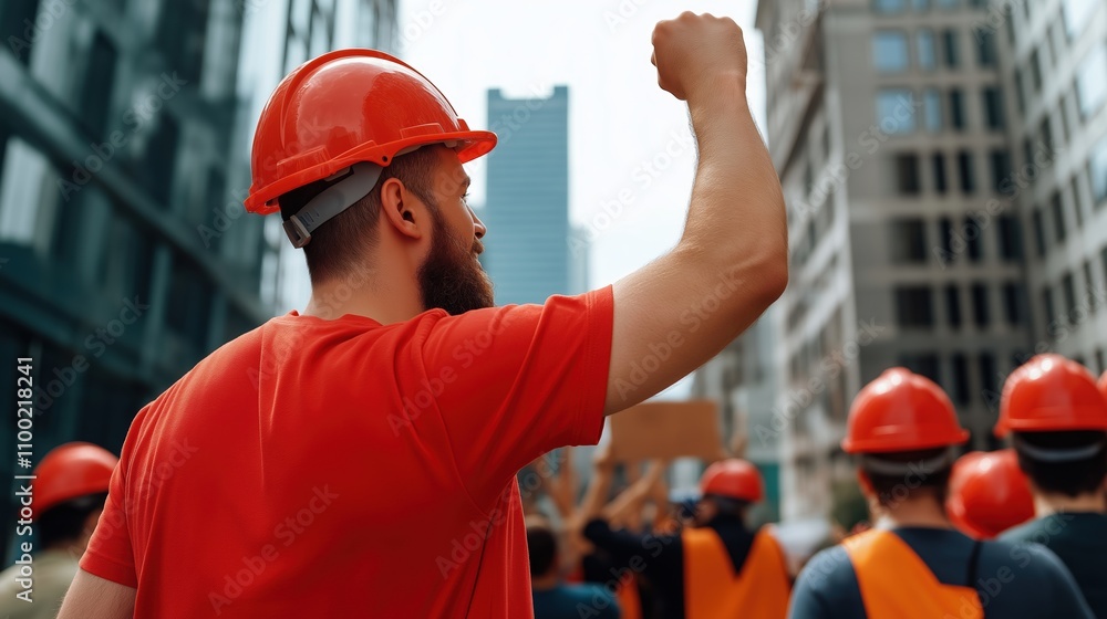 Construction worker raising fist with crowd in red helmets against ...