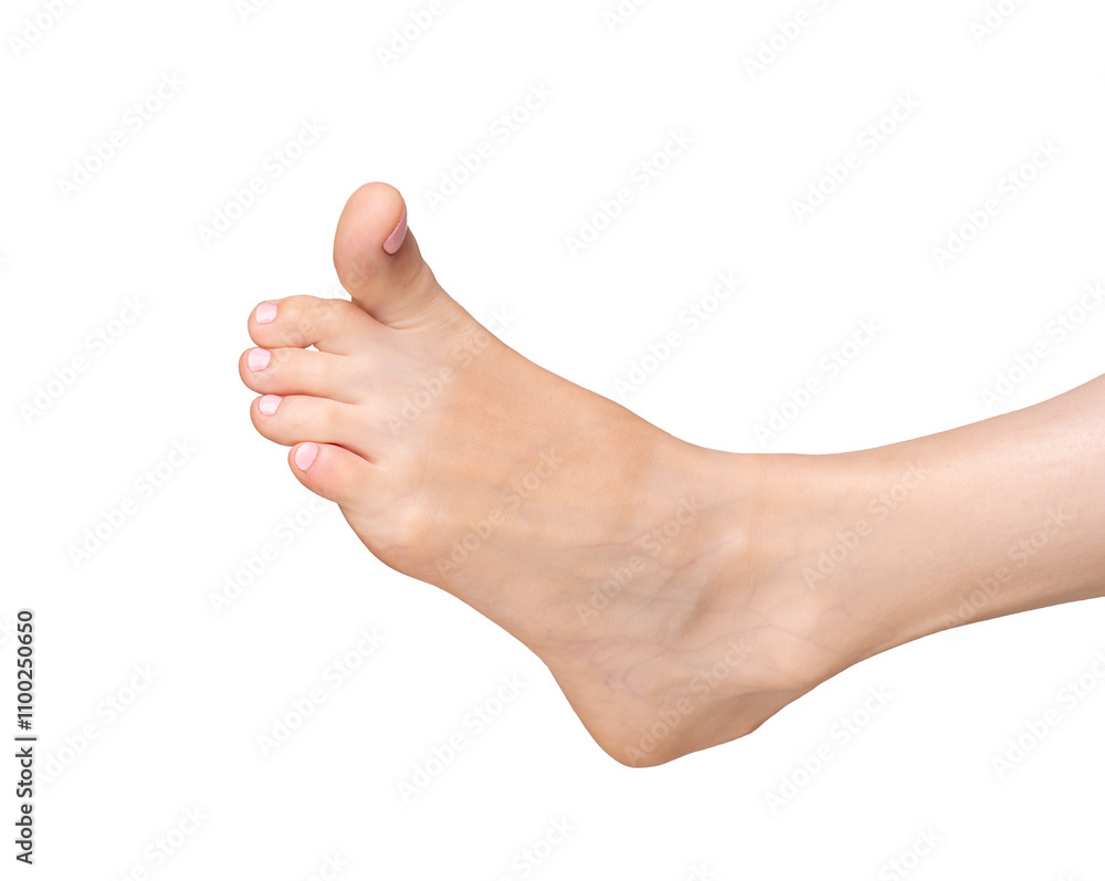 Barefoot foot in profile view. Natural posture with extended big toe ...
