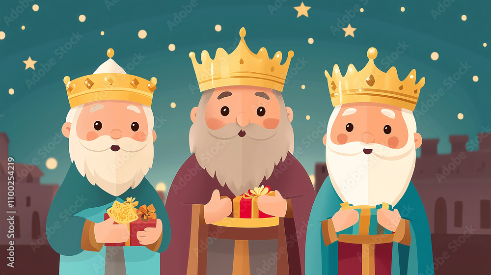 Ilustración de los Tres Reyes Magos con regalos en una noche estrellada ...