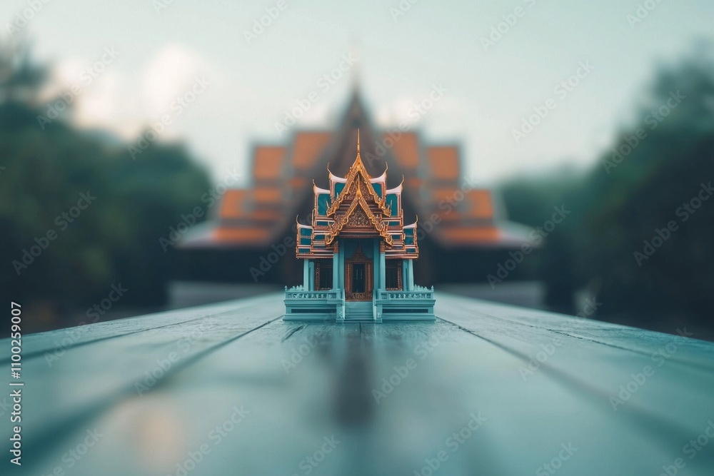 Miniature thai temple model outdoor setting photography serene ...