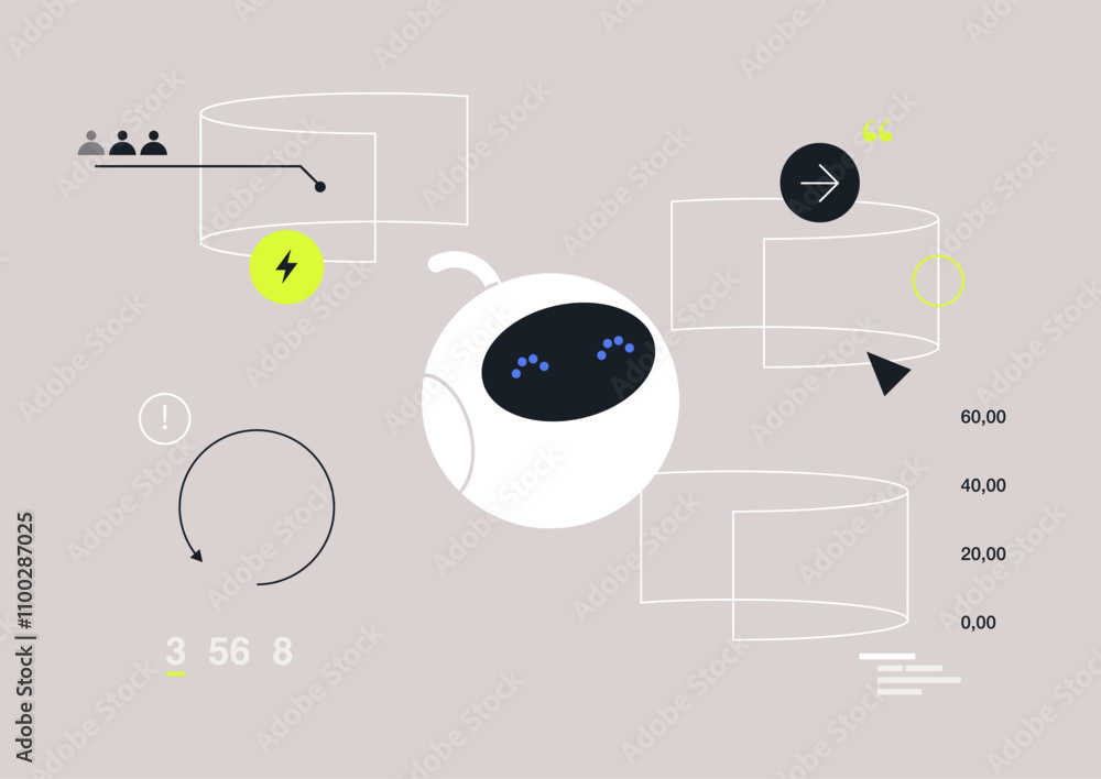 Curved screens surround a futuristic AI robot, displaying dynamic data and innovative designs in ...