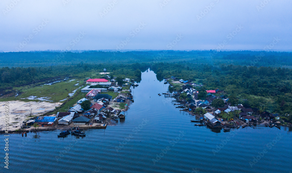 Aerial view of serene free town with picturesque village and tranquil ...