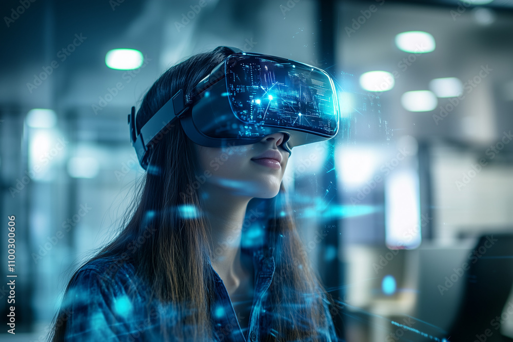 School student with VR headset using AI artificial intelligence ...