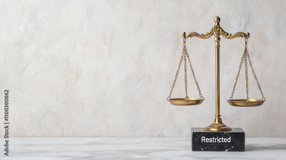 Law restriction concepts, A golden balance scale on a marble surface ...