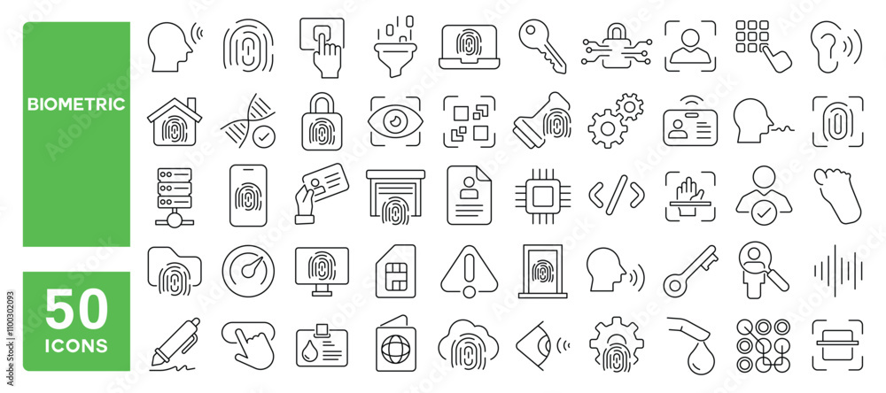 Set of 50 line icons related to biometric, identity, fingerprint, print, recognition, scan ...