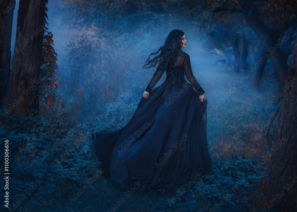 Art photo real person. gothic vampire woman running in dense forest ...