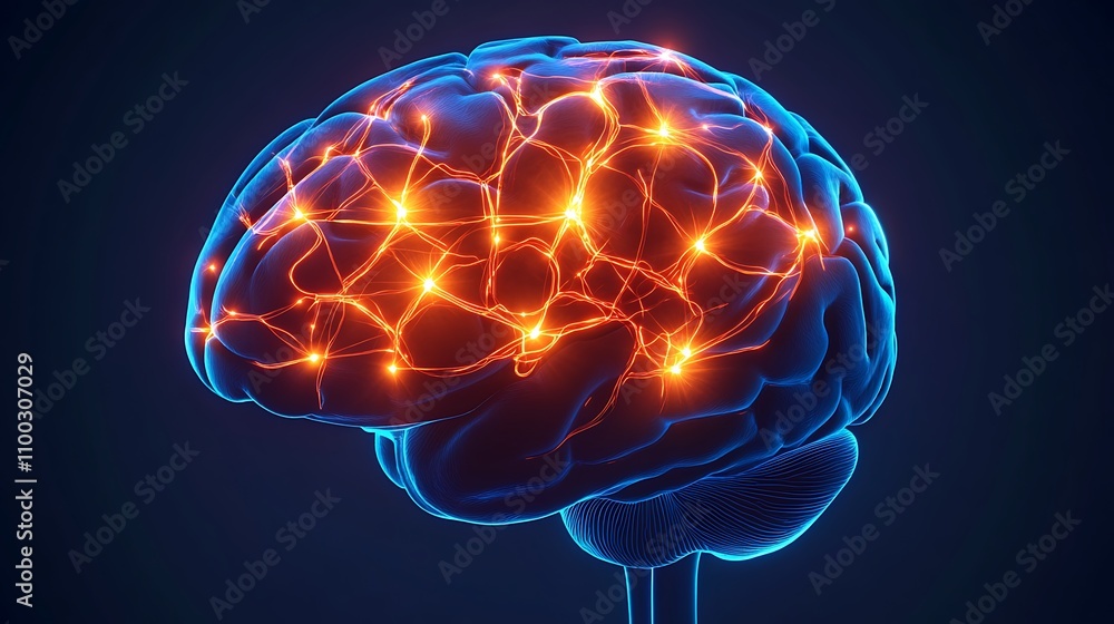 visualization of the human brain with vibrant neural pathways and glowing synaptic connections ...
