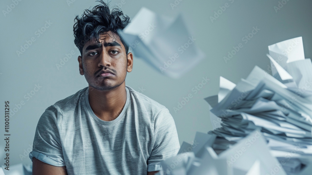 Student Indian man exhausted around chaotic and disorganized stacks of ...