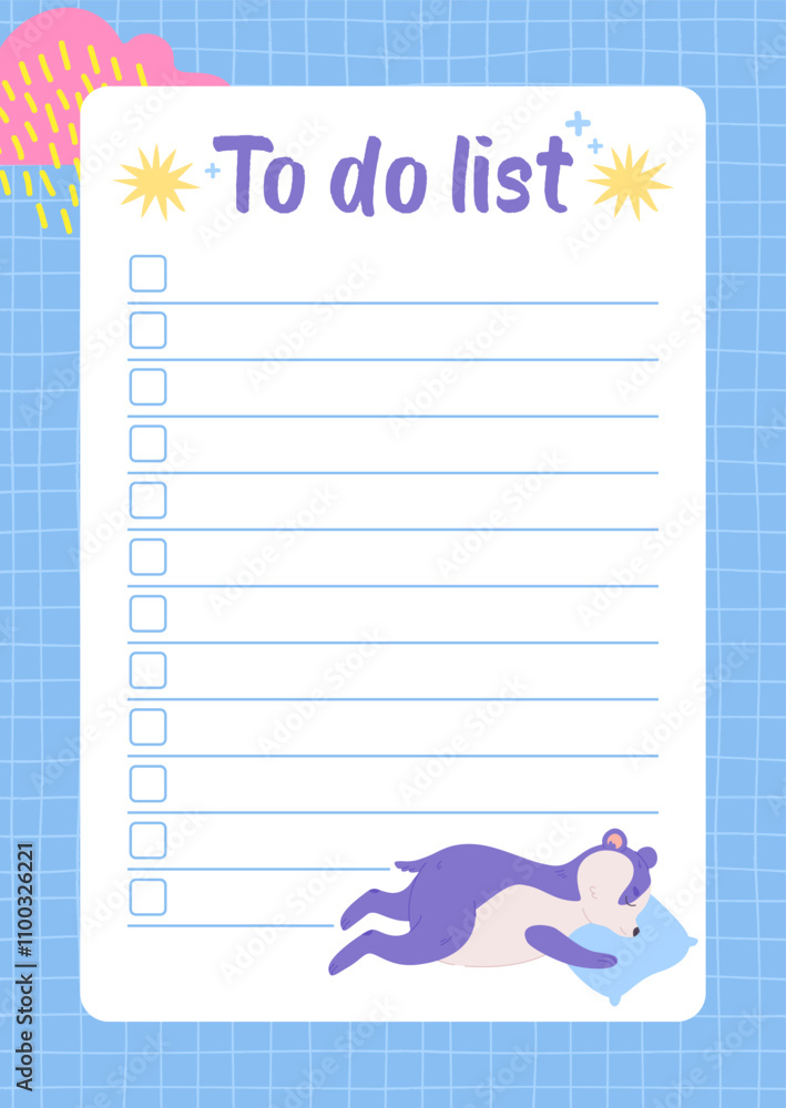 To-do list template with sleeping purple badger illustration. Cute ...