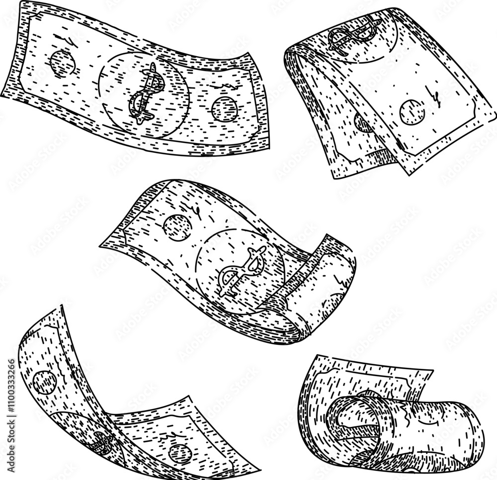 dollar bill set hand drawn. cash greenback, banknote finance, trade ...