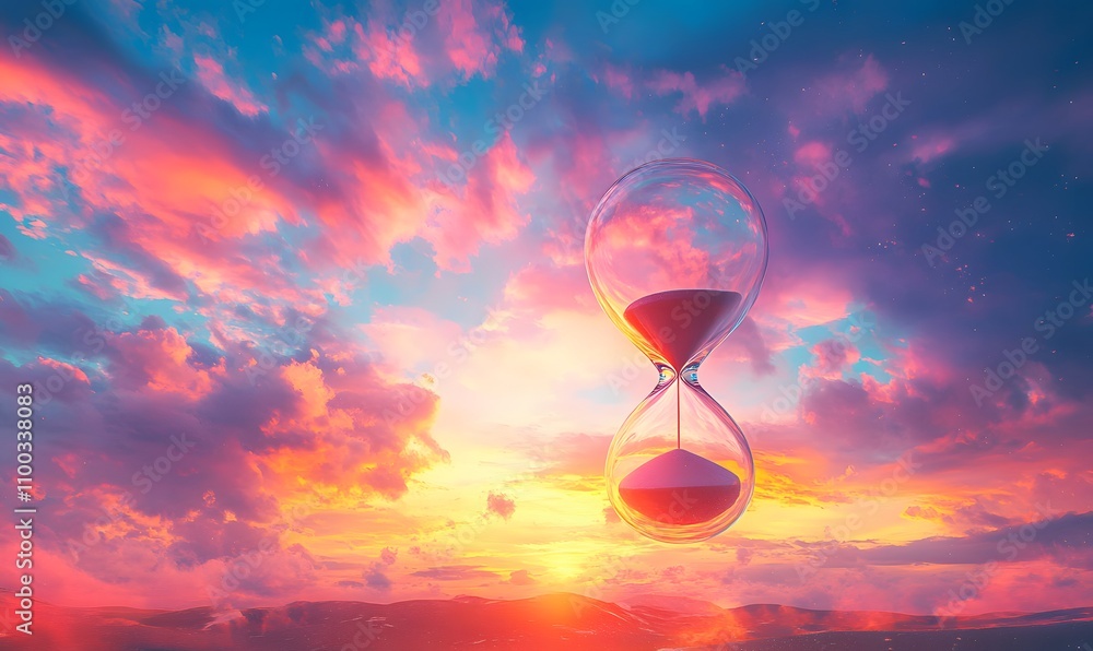 An hourglass floating in the sky with the sunset colors blending ...