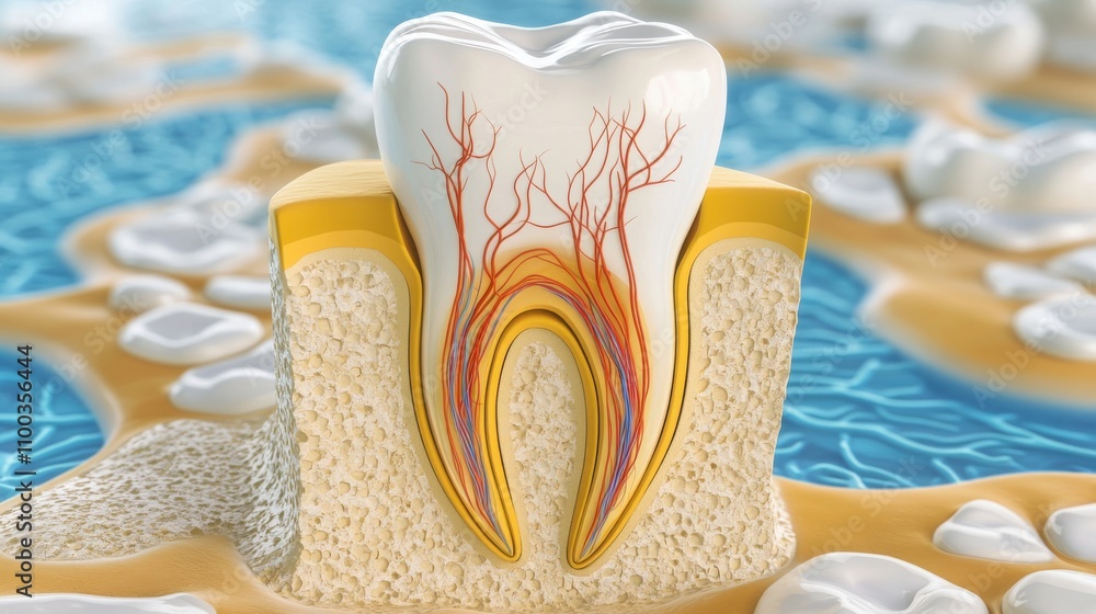 Detailed illustration of a human tooth structure highlighting nerves ...