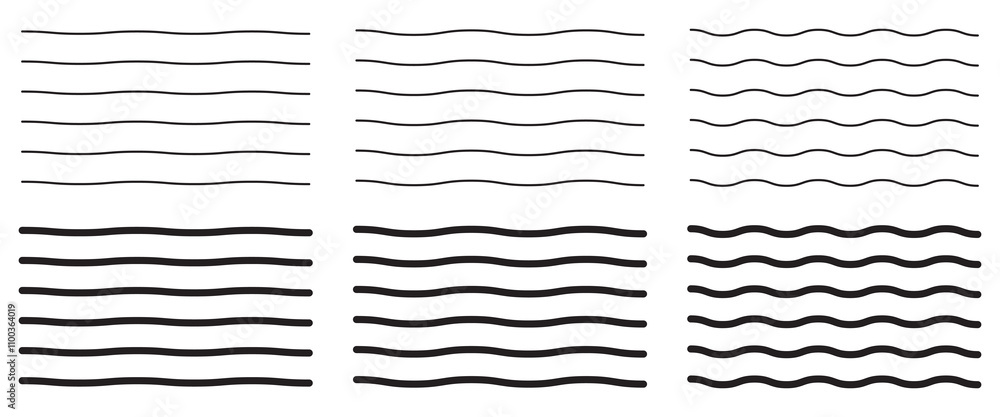 Wave line and wavy zigzag pattern lines. Vector black underlines, smooth end squiggly horizontal ...