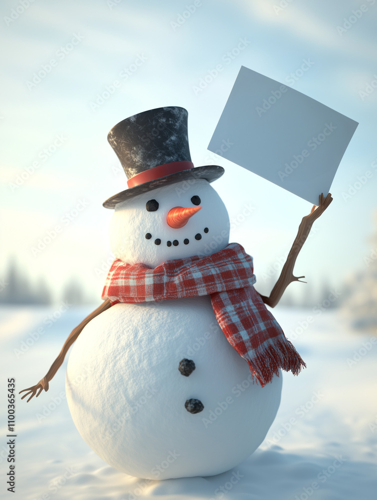 snowman holding a blank paper sign for a custom message. A smiling ...