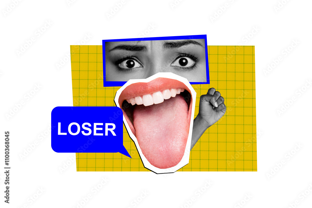 Collage image woman face fragment mouth rude offense bullying loser ...