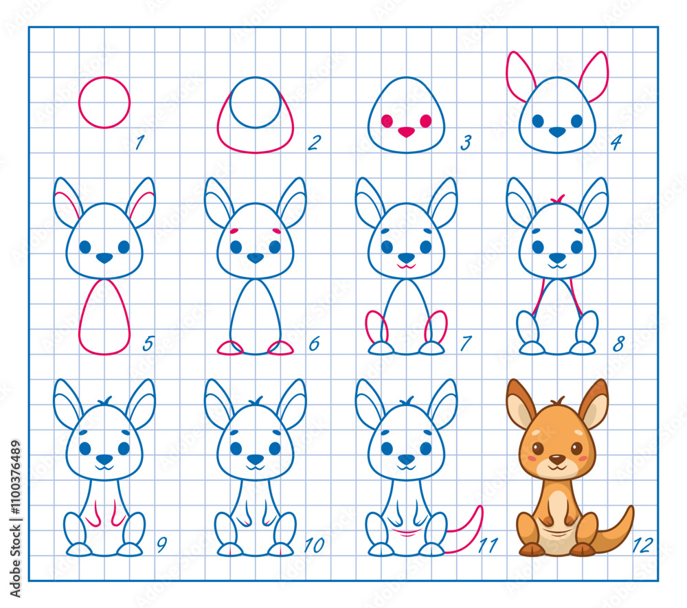 How to Draw kangaroo, Step by Step Lesson for Kids cartoon vector ...