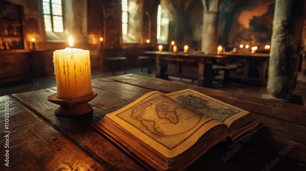 Medieval Monastery Scriptorium Monks at Work with Candlelight and ...