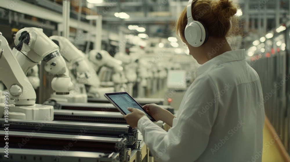 Engineer hand using tablet with machine real time monitoring system software. Automation robot ...