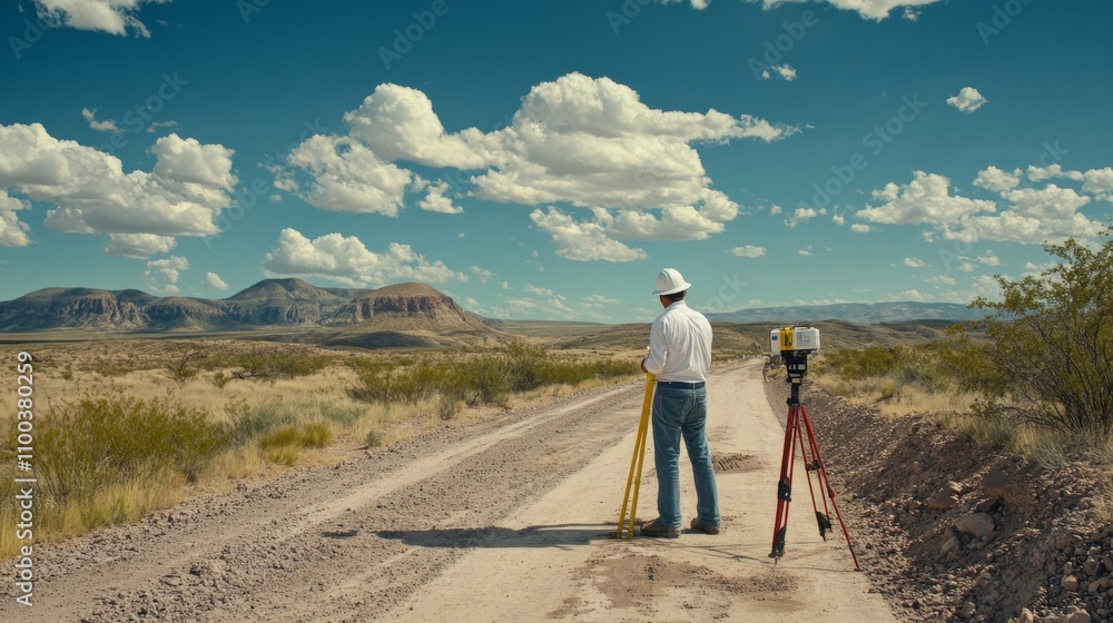 Geodetic engineer surveyor in white hard hat doing measurements with ...