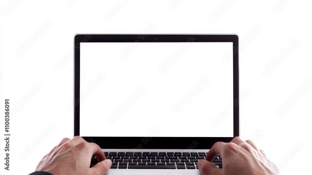fingers typing blank white screen laptop. for mockup business Stock ...
