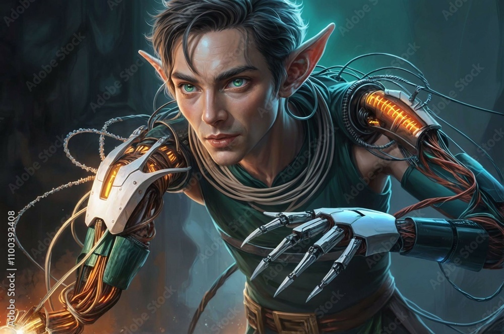 glowing mechanical elf with folklore elements and futuristic details ...