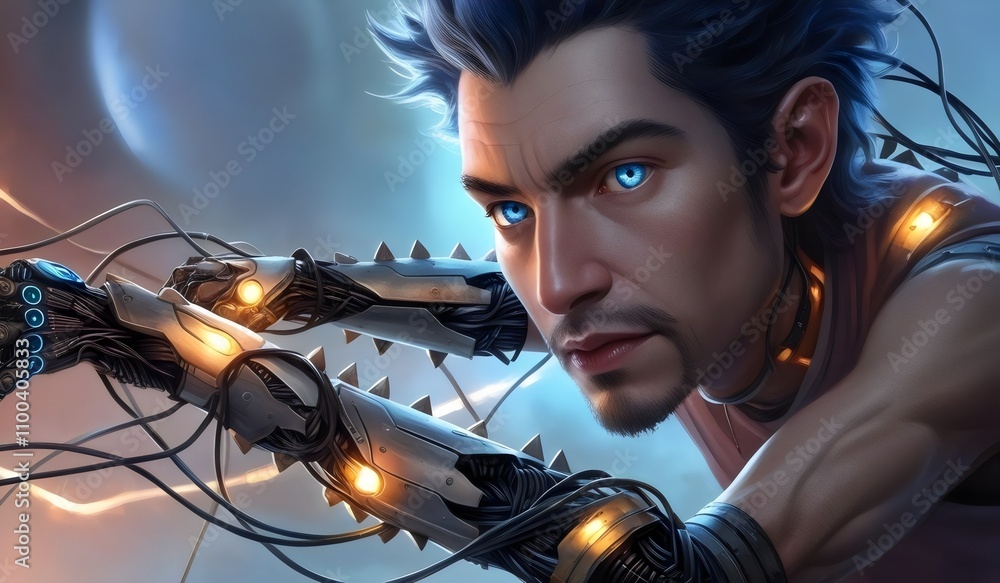 mechanical cyborg with intricate wires and vibrant neon elements for ...