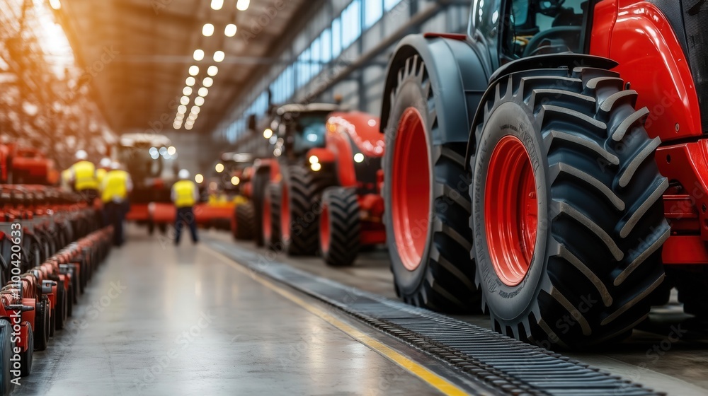 Tractors lined up in a modern manufacturing facility during daylight ...