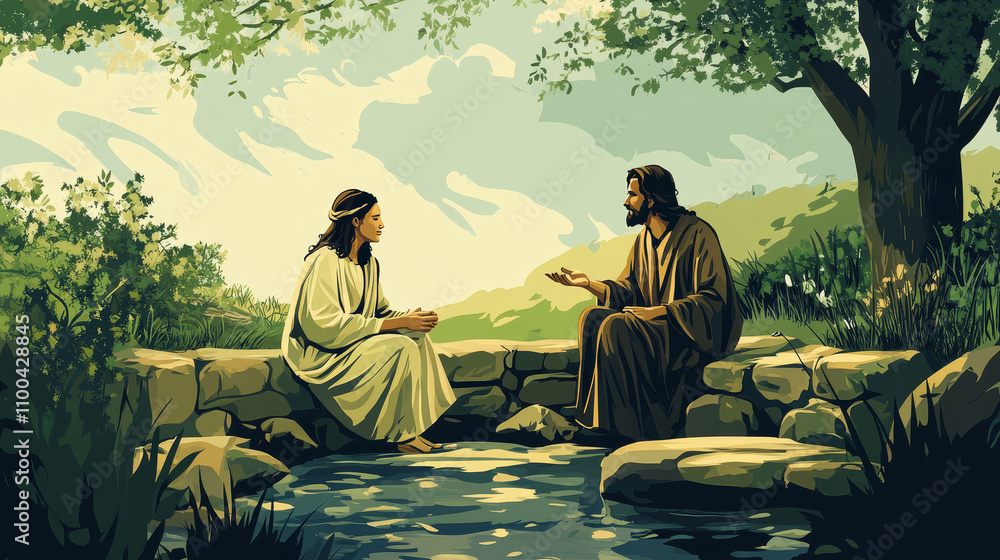 Bible story, Jesus Christ talking to the samaritan woman at Jacobs well ...