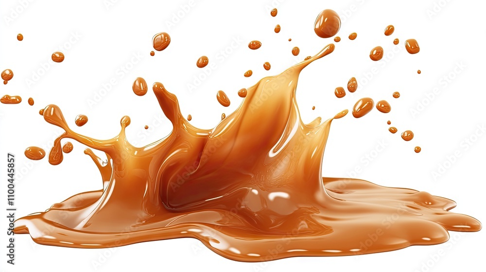 Dynamic splash of amber liquid bursting against a white background ...
