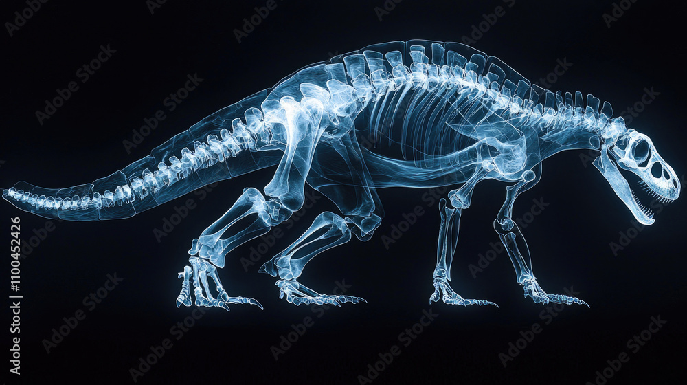 X-ray of dinosaur skeleton against black background revealing detailed ...