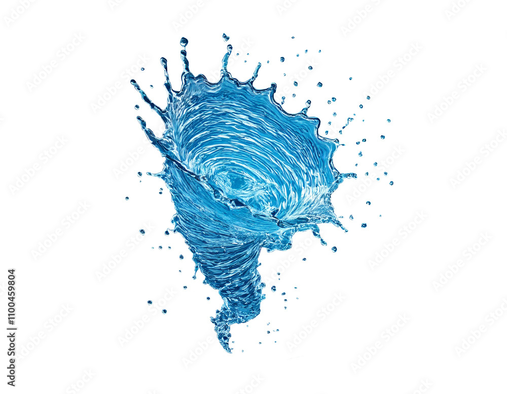 Liquid blue water spiral swirl splash with ice cubes in tornado pour flow, realistic vector ...