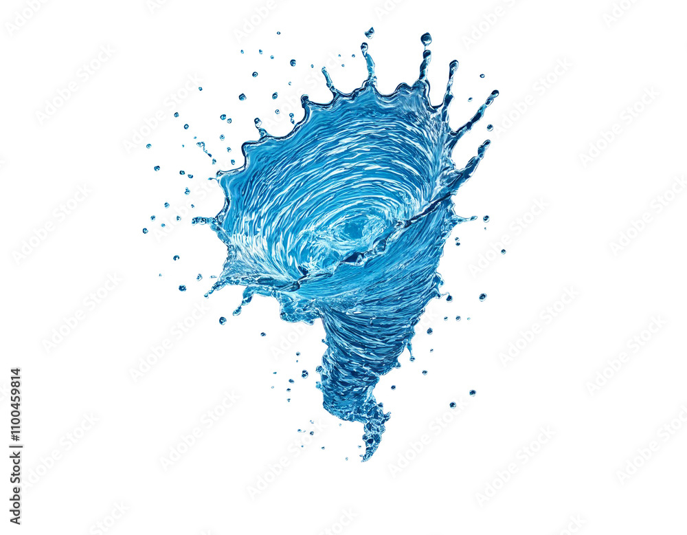 Liquid blue water spiral swirl splash with ice cubes in tornado pour flow, realistic vector ...