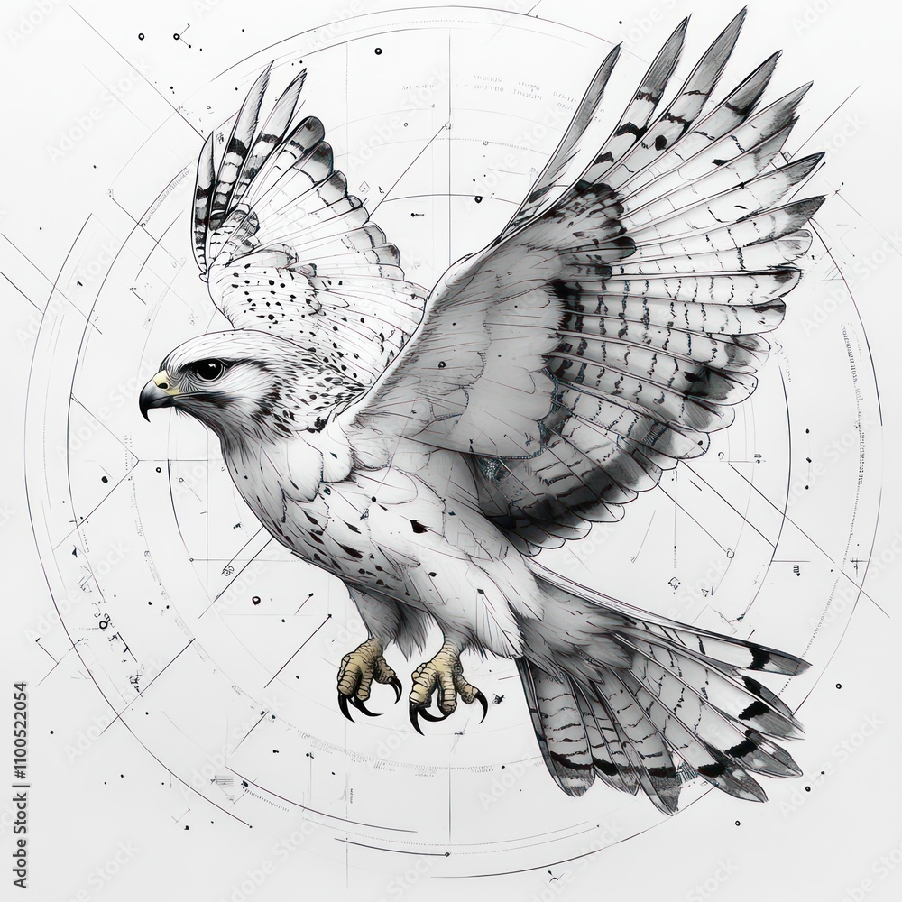 A detailed illustration of a soaring hawk with intricate line work and ...