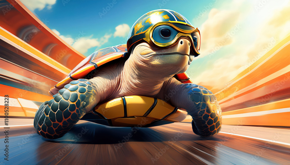 A cartoon turtle wearing a racing helmet and goggles, zooming along a ...