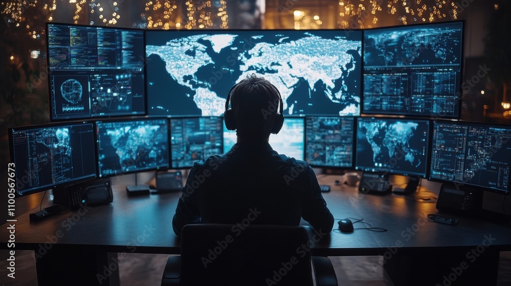 Man working in command center with glowing digital world map on multiple monitors, global data ...