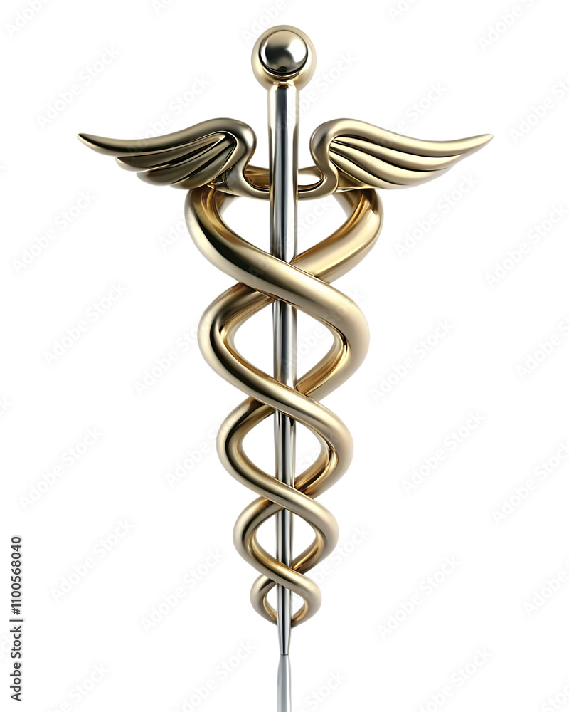 The silver rod of Asclepius with wings displayed isolated on white ...