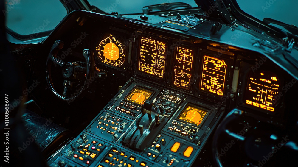 A cockpit control panel featuring illuminated buttons and various ...