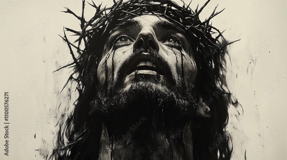 Jesus Christ looking up with crown of thorns in black ink art Stock ...