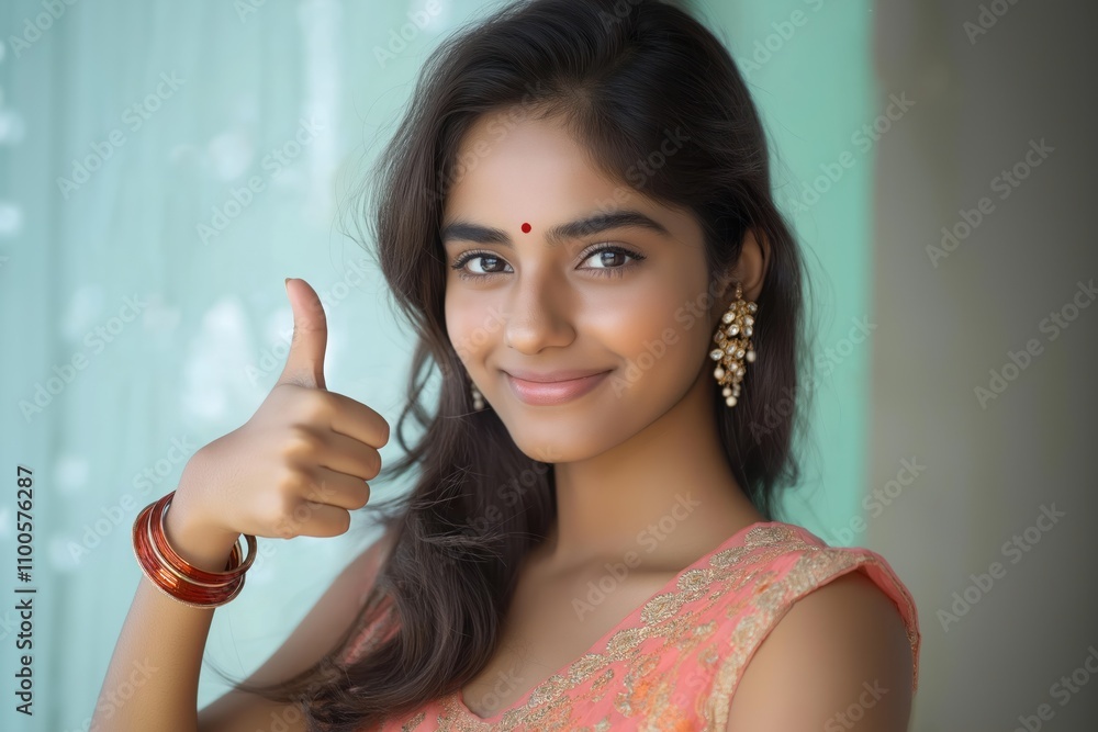 Young Indian woman shows approval. Happy lady in traditional attire ...